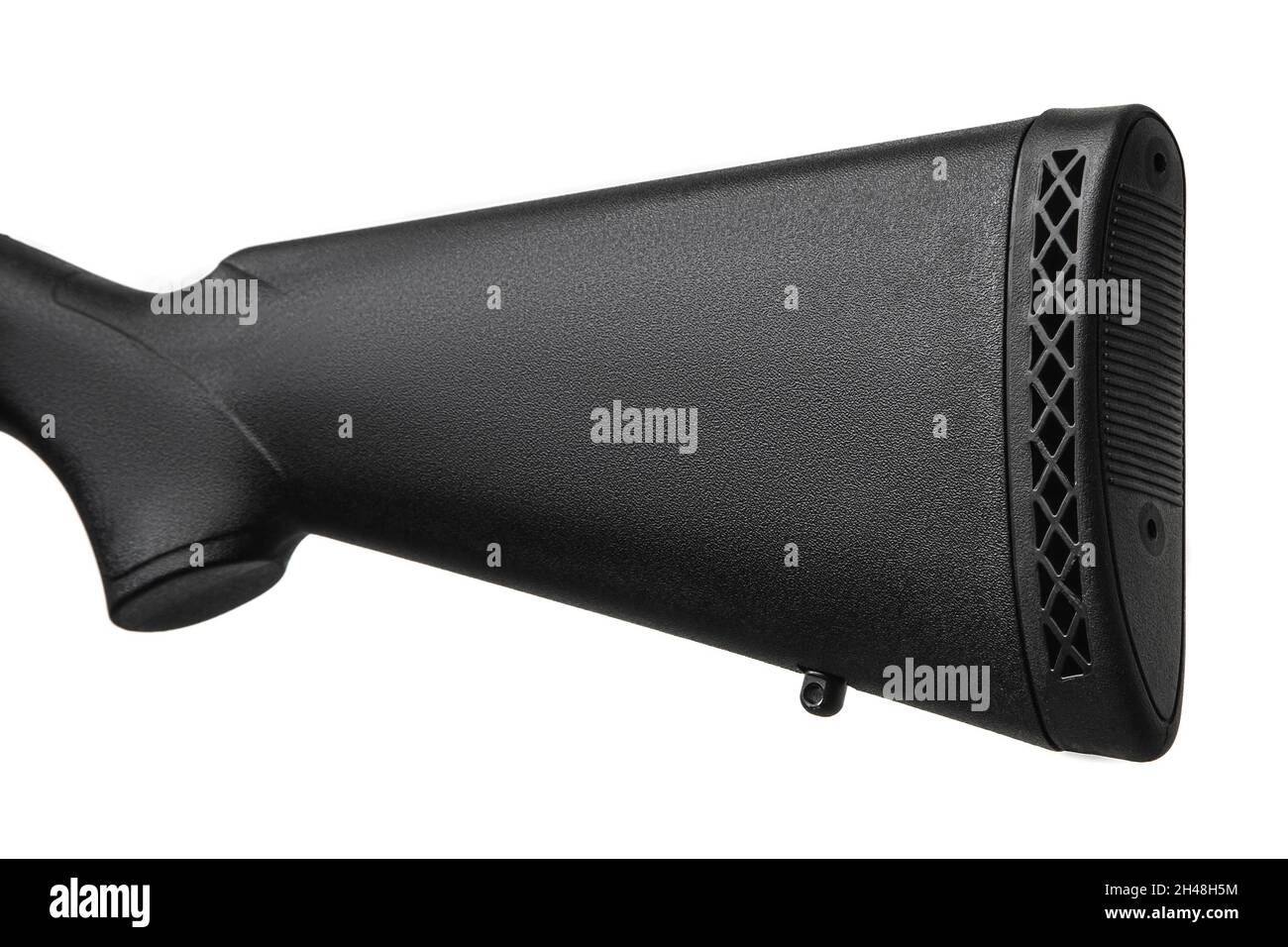 Pump-action 12 gauge shotgun isolated on a white background. Close-up ...