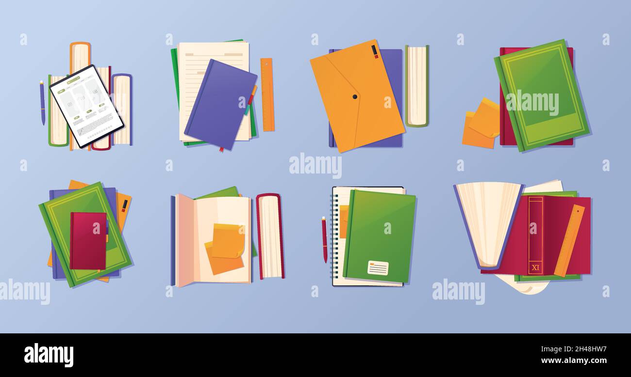 Folder top view. Books and paper covers business office supplies garish ...