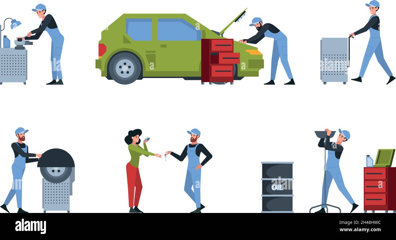Autoservice characters. Workers repairing cars mechanic changing wheels ...