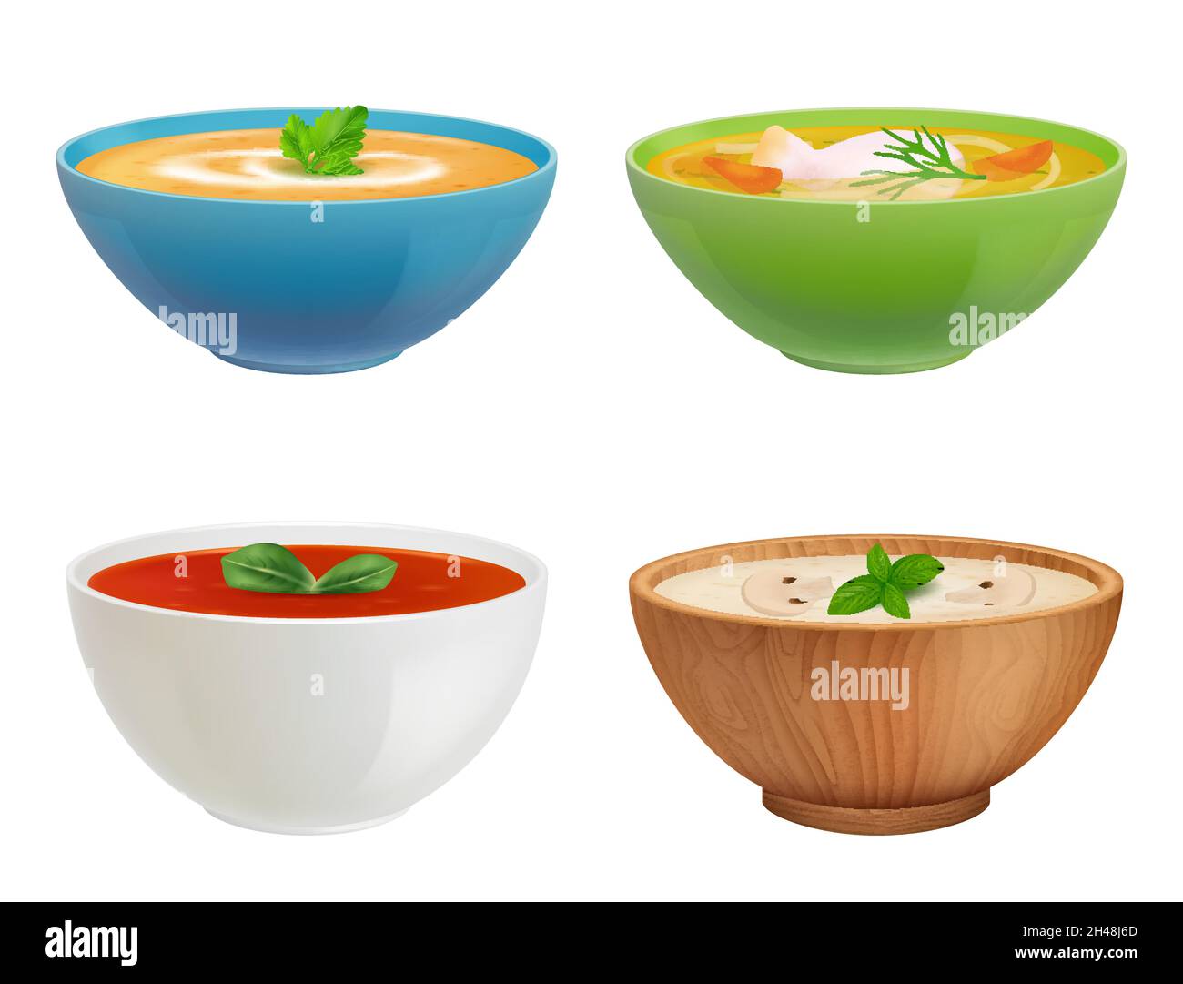 Bowls with soup. Gazpacho chicken puree soup with fish decent vector ...
