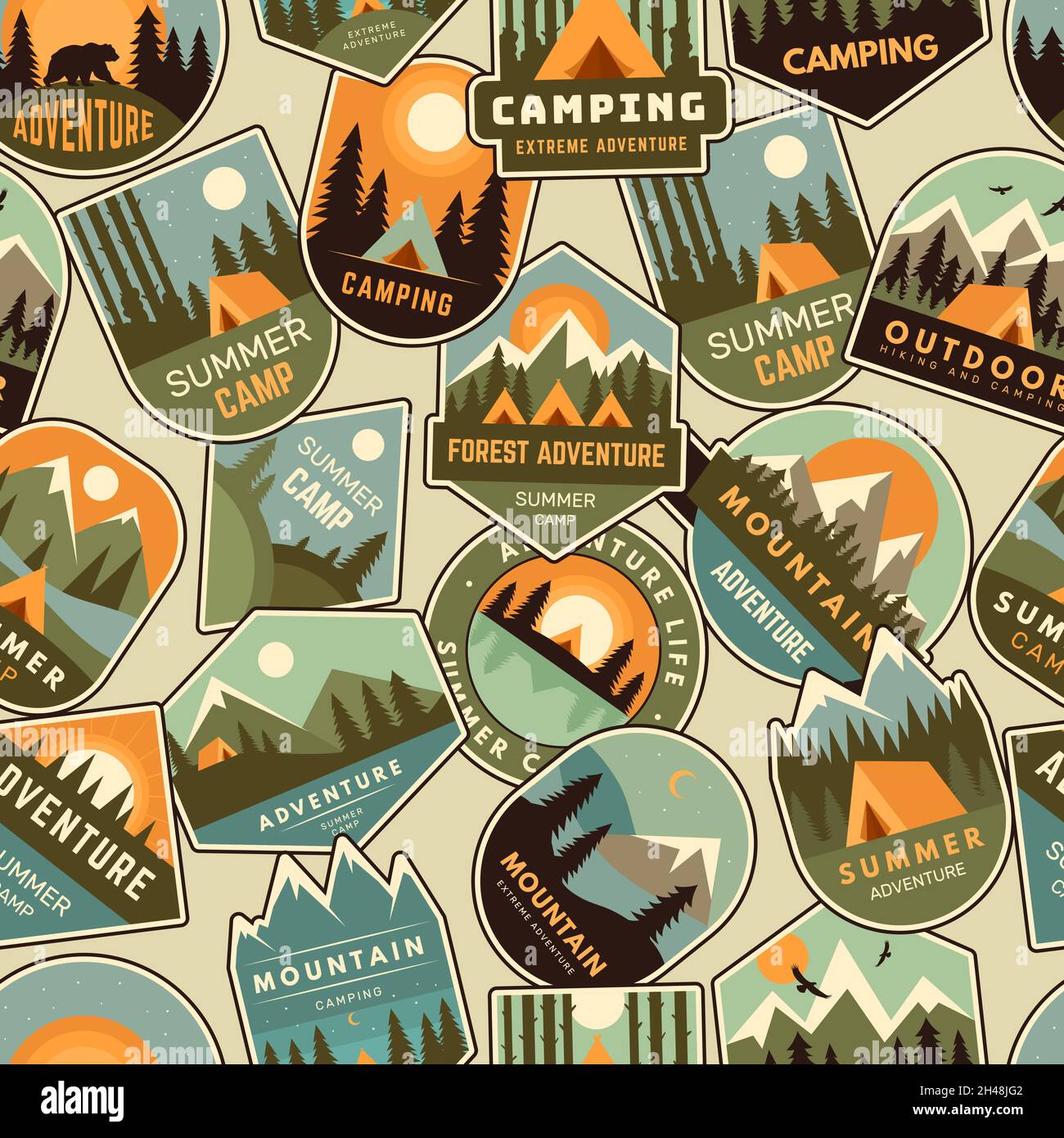 Camp badges pattern. Exploring logo for scouts outdoor adventure forest ...