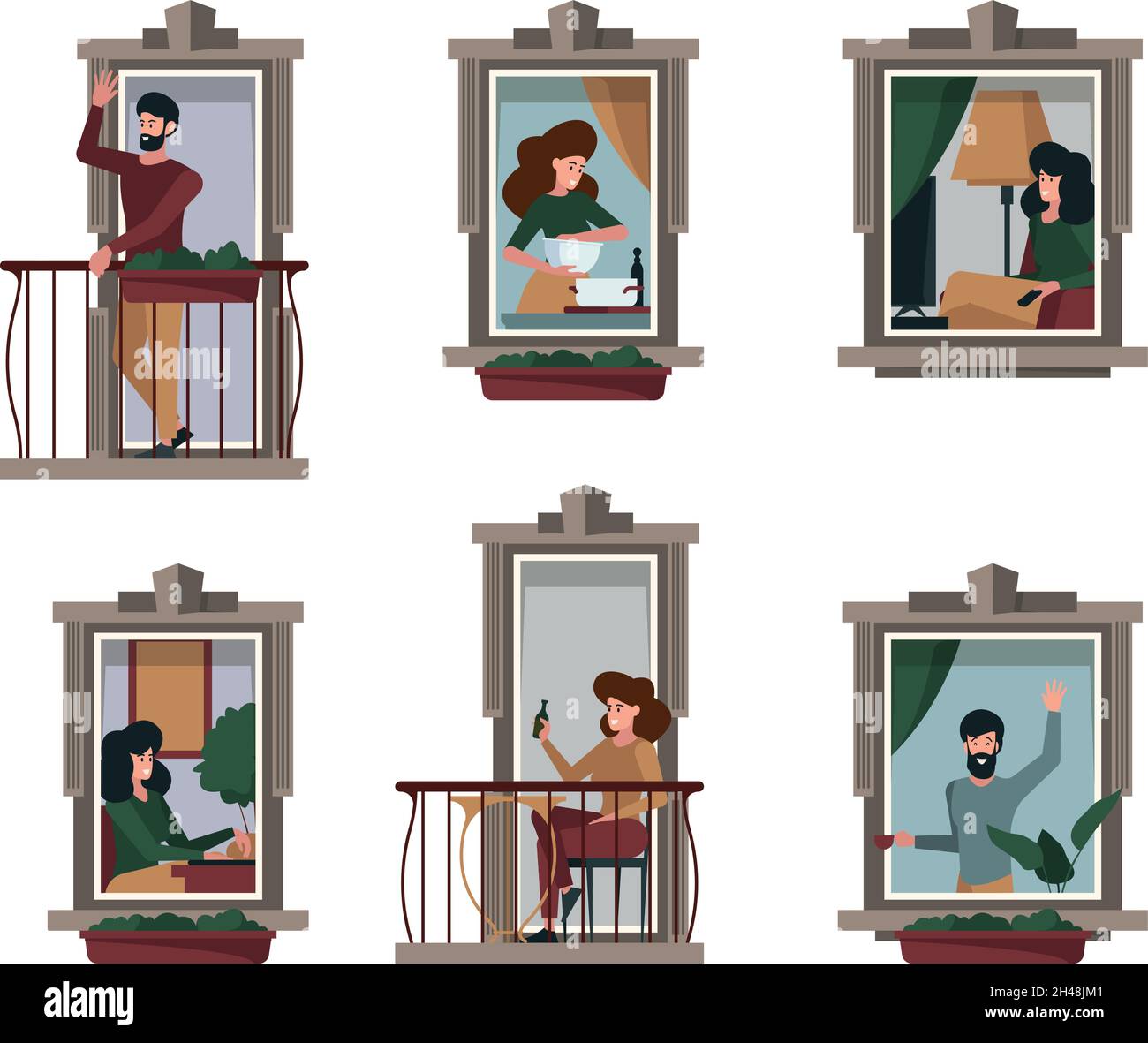 Window characters. People standing in balcony and window frames ...