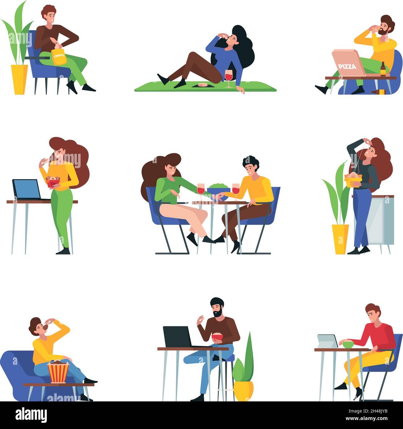People eating. Male and female adults characters eating restaurant food ...