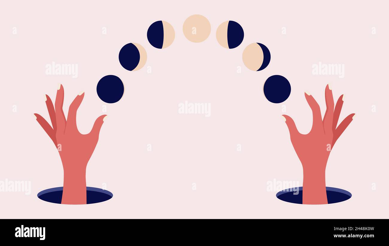 Magical hands holding moon phases. Abstract mystical vector concept ...