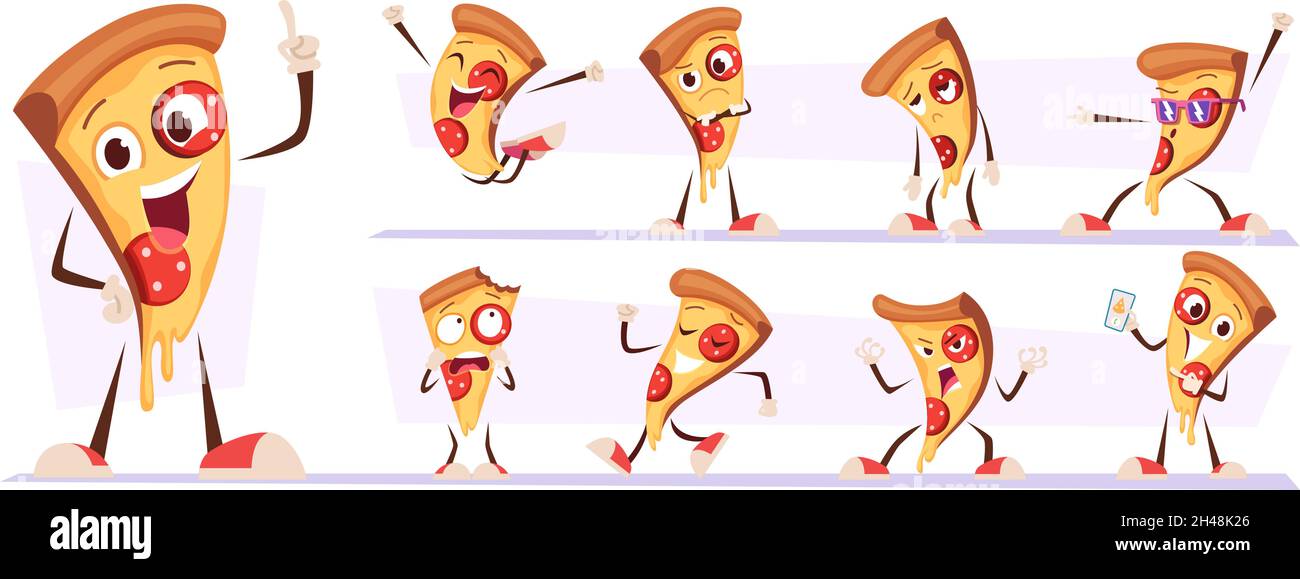 Pizza mascot. Funny food character in action poses happy styling cute ...