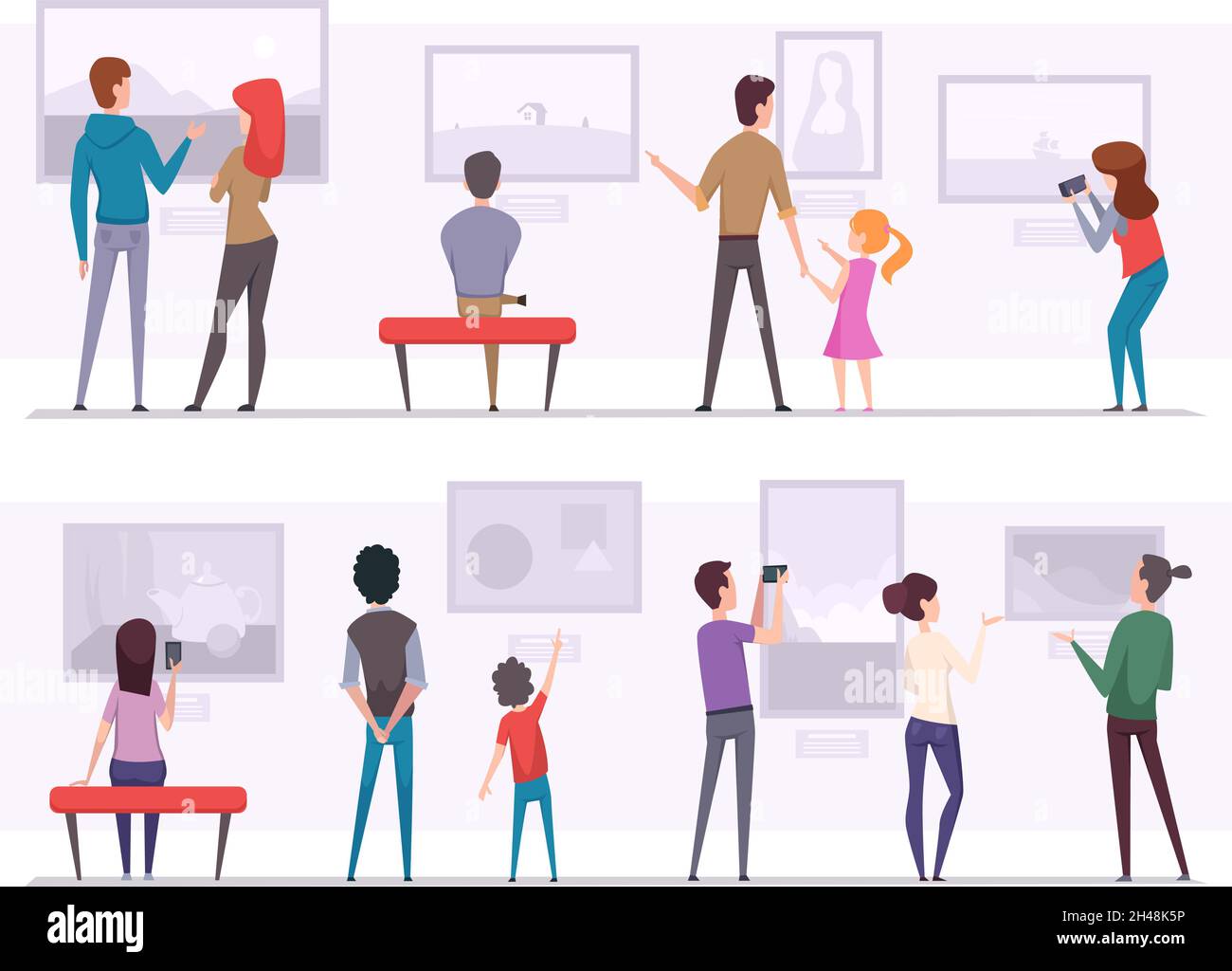 Exhibition people. Art gallery visitors person looking museum pictures ...