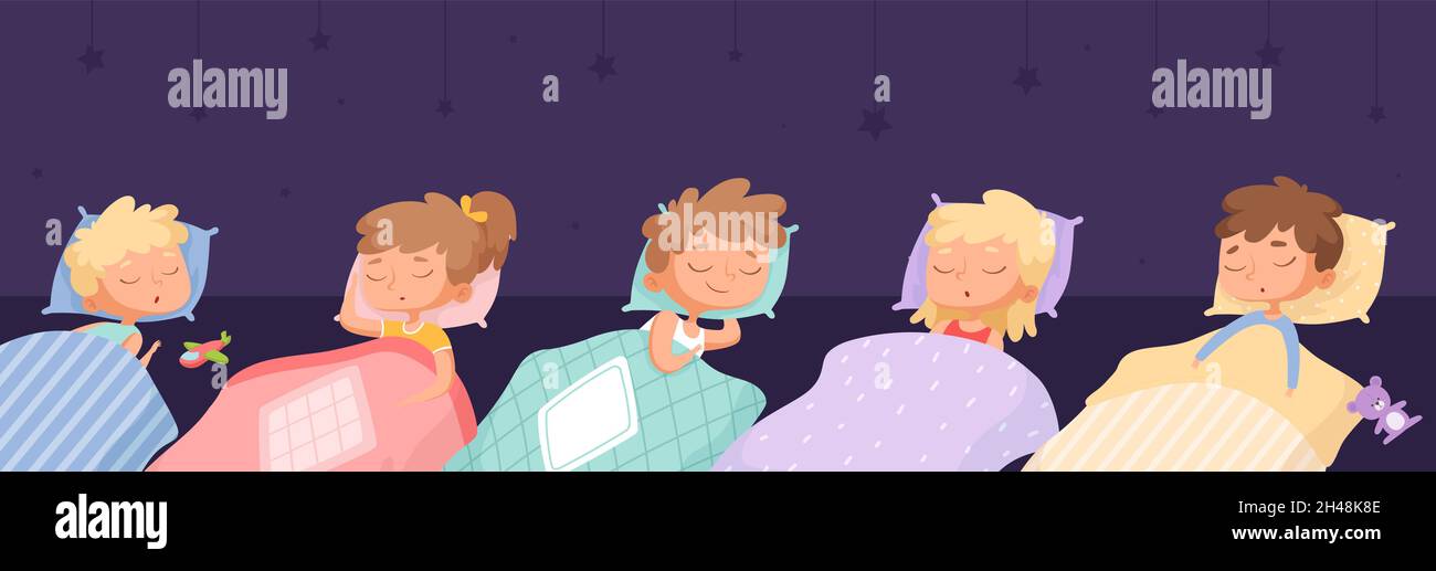 Sleepy kids. Cartoon children sleep, dreaming toddlers in kindergarten ...