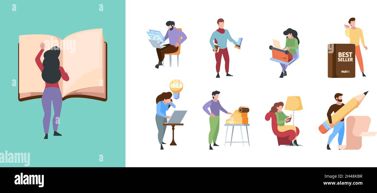 Journalist characters. Digital writers and bloggers communicate online ...