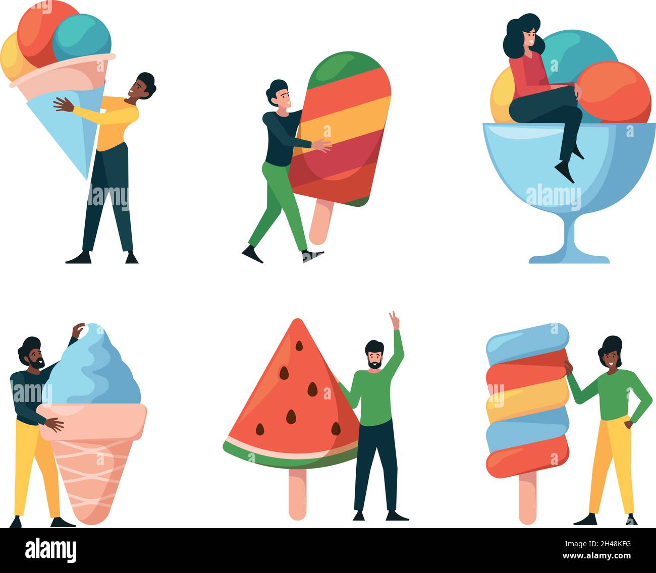 Ice cream characters. People eating delicious cold snacks ice cream ...