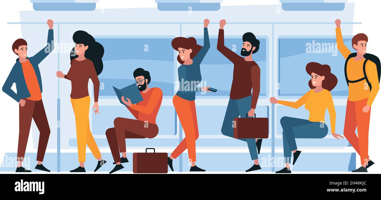 Bus interior. Crowd standing in bus and stand holding grip garish ...