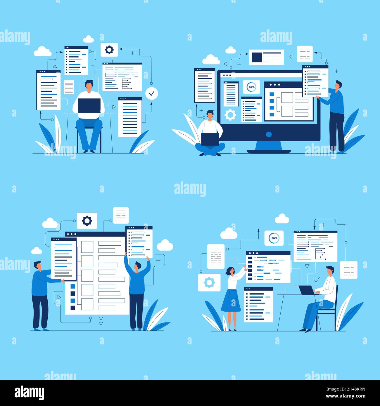 Programmers characters. People web designers developers ui layout production codding script ...