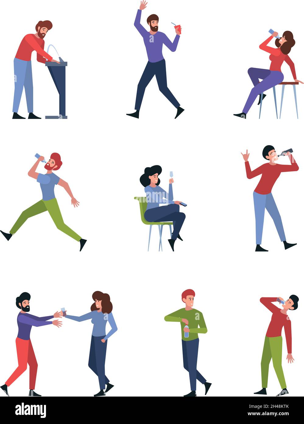 Drinking characters. Couples in restaurant rest and drinking liquids ...