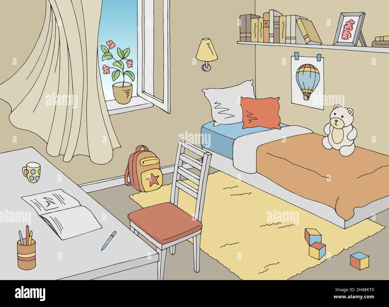 Children room graphic color home interior sketch illustration vector ...