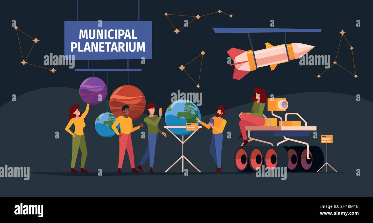 Planetarium interior. People in space museum innovation systems for ...