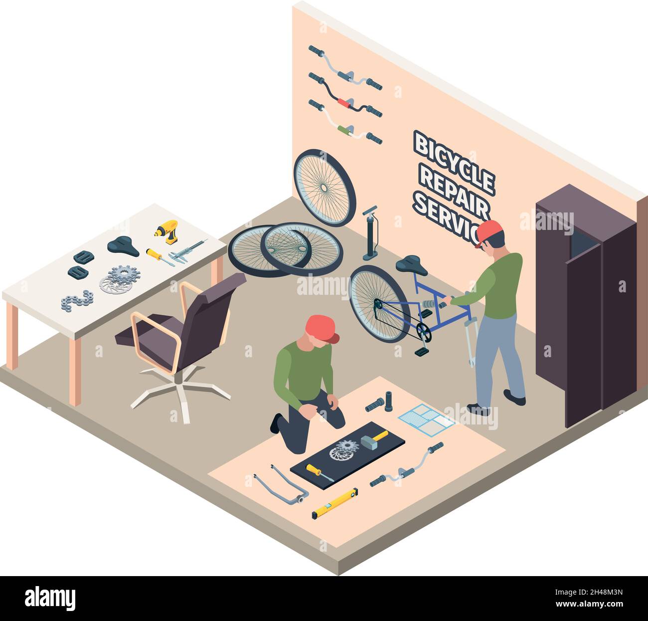 Bicycle repair. Workers engineers holding bike tools wheels cog bicycle ...