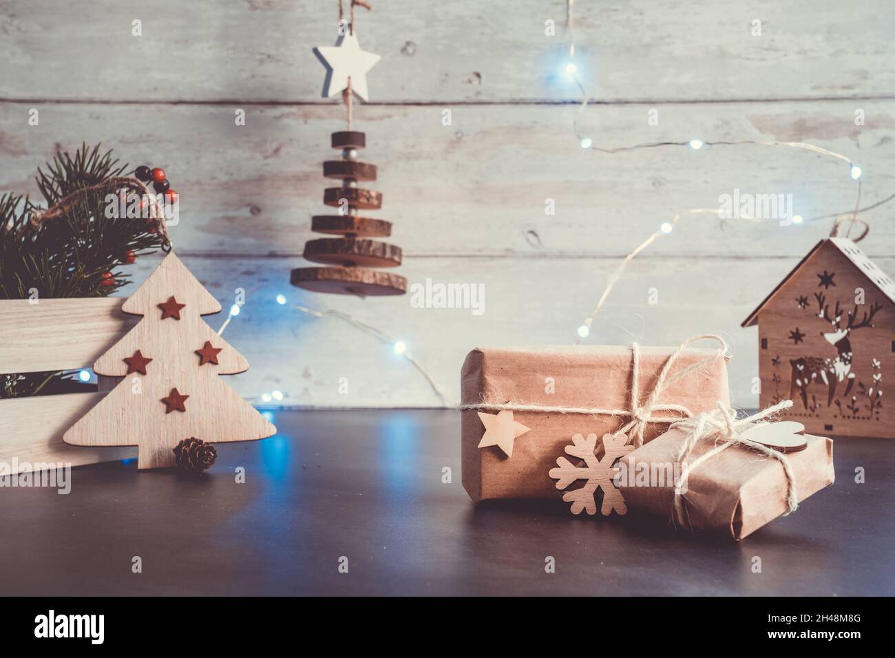 Christmas and zero waste, eco friendly packaging. wrapped gifts in ...