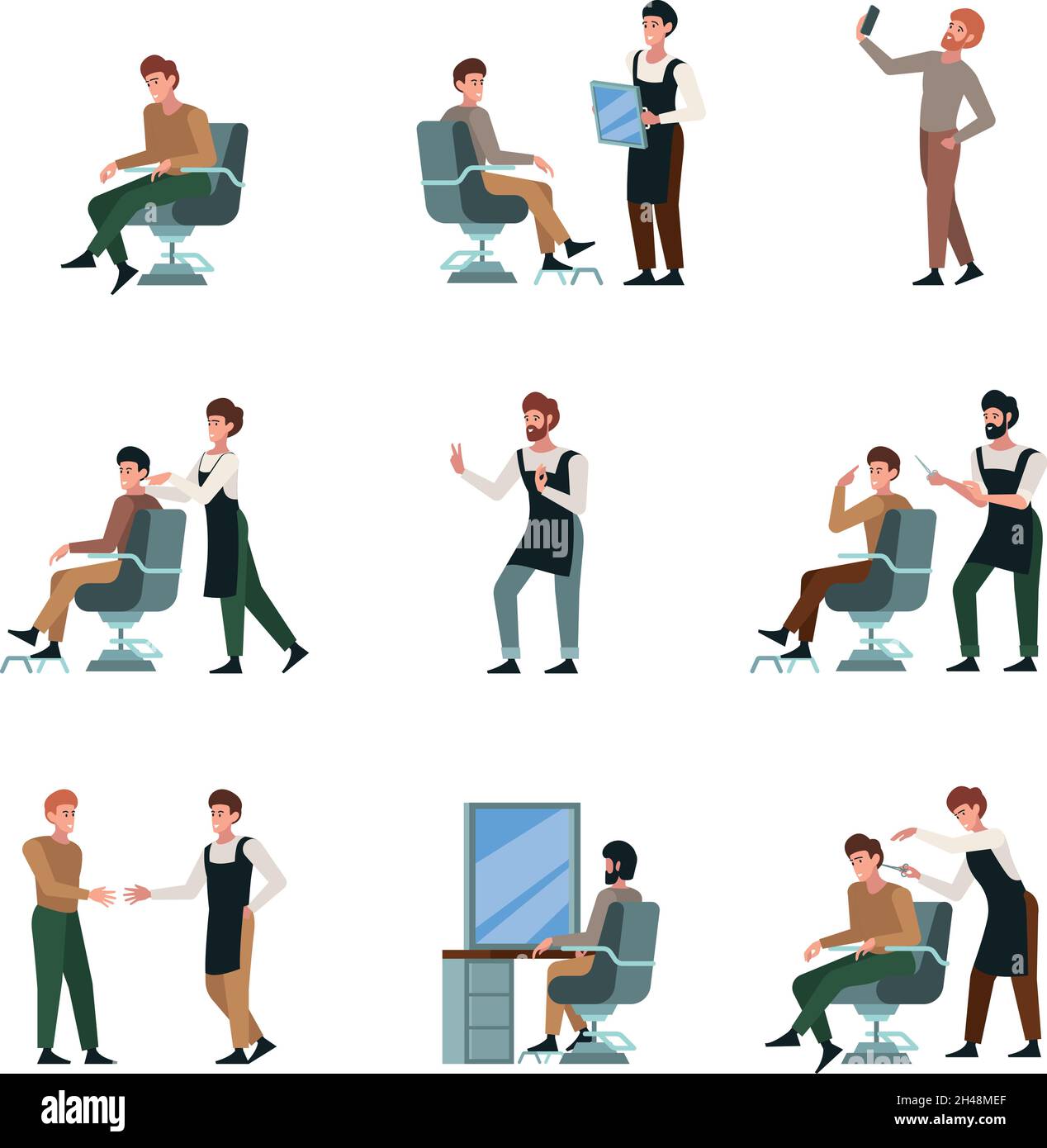 Barbershop workers. Hairdresser characters working in beauty salon ...