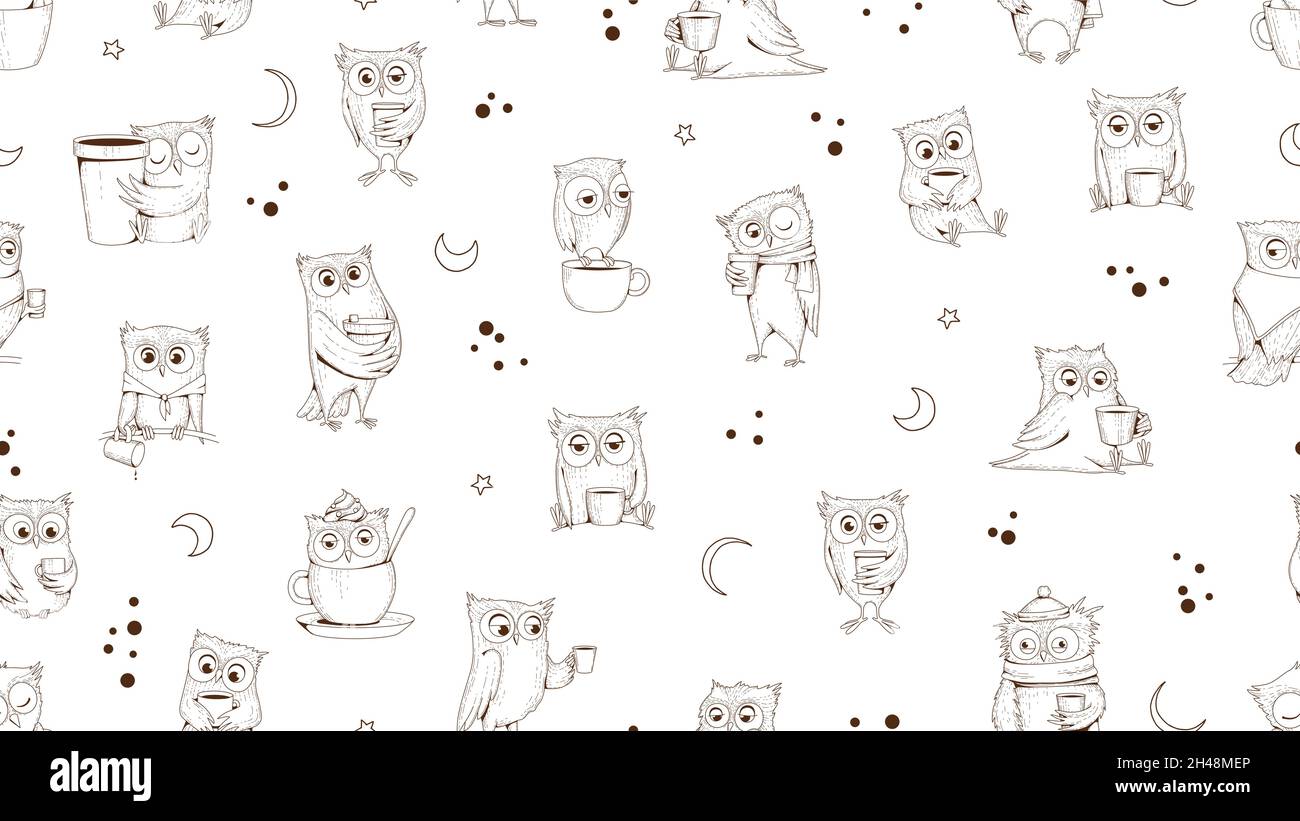 Sketch dreaming owls pattern. Owl with coffee, sleeping tired wild ...