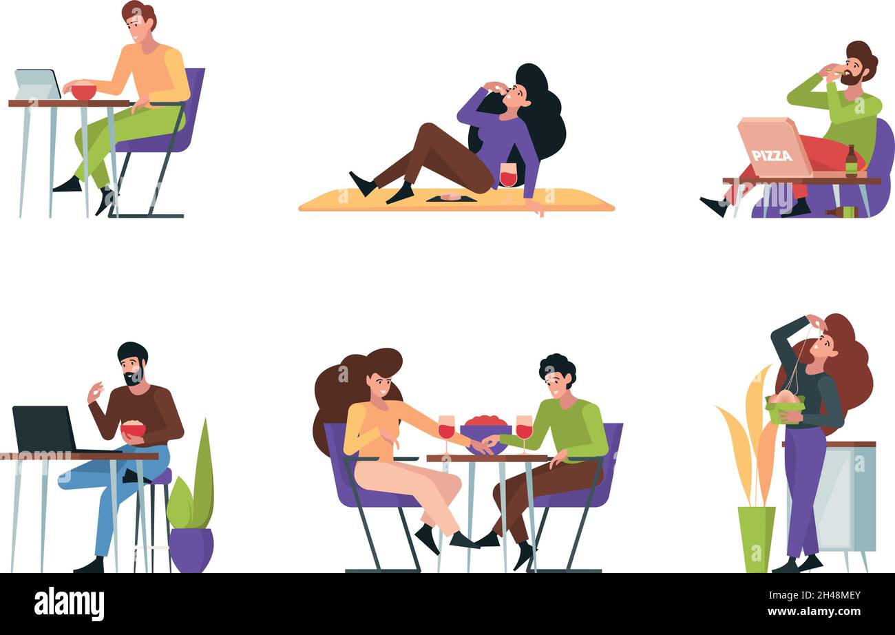 Characters eating. People sitting on table and eating delicious foods ...