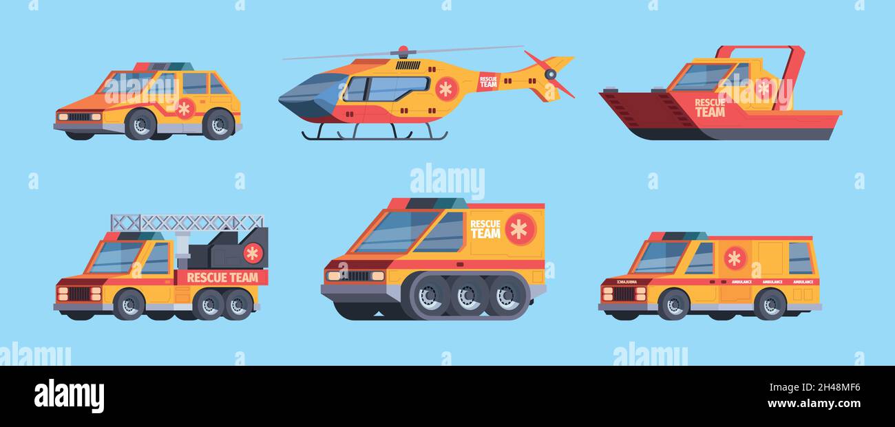 Rescue cars. Lifeguard technics emergency vehicles and helicopters ...