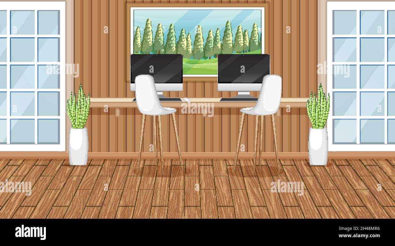 Workroom scene with two computers on the table illustration Stock ...