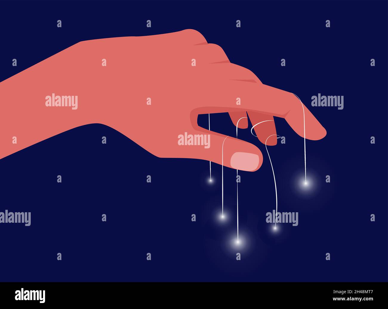 Hand holding stars on fingers. Shine lights on strings, mystical or ...