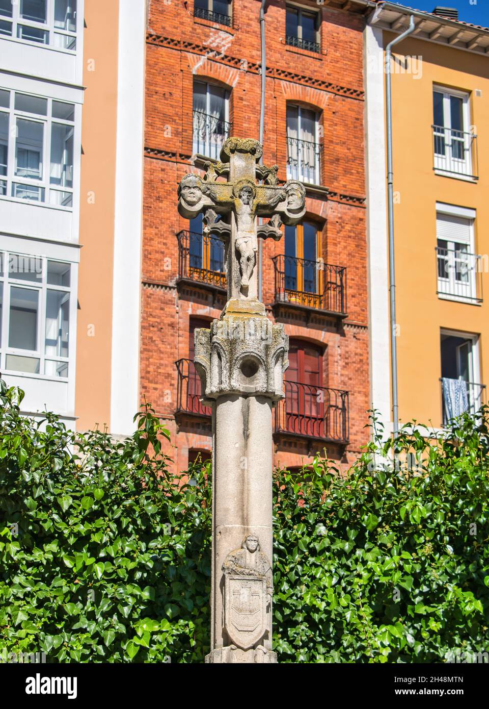Stone cross of the Camino de Santiago in the vicinity of the cathedral ...
