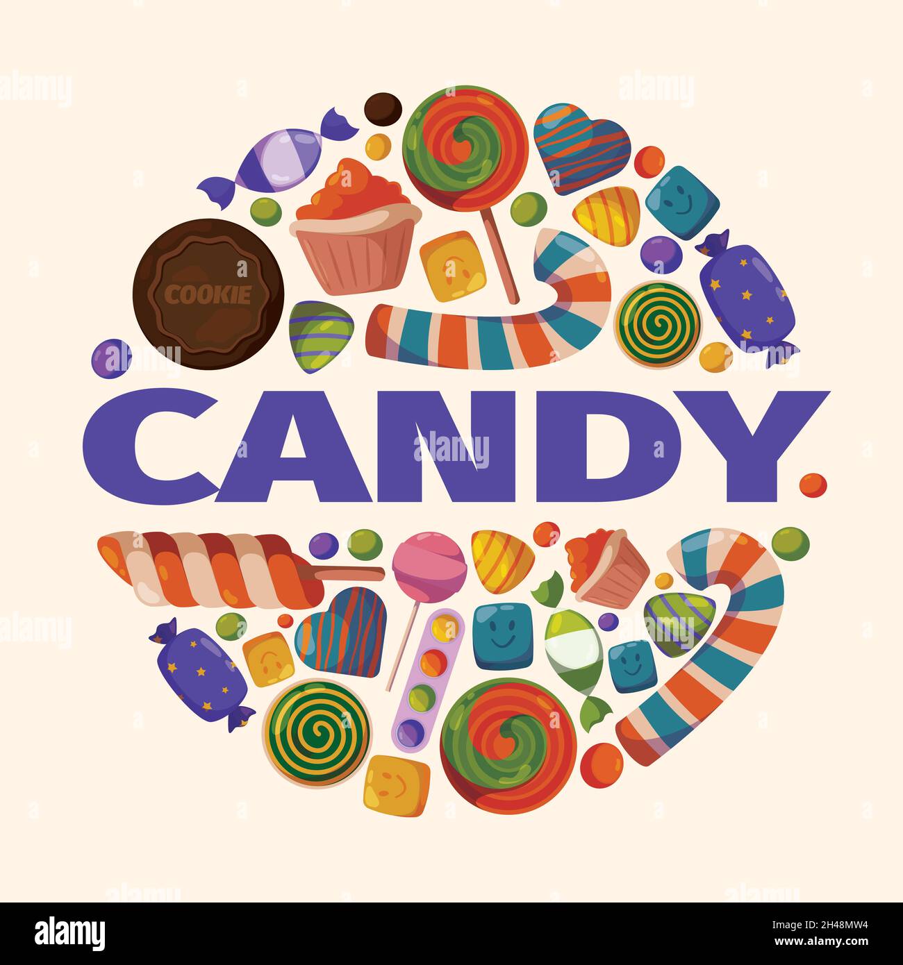Sweets circle. Sugar chocolate candies lollipops confectionery products ...