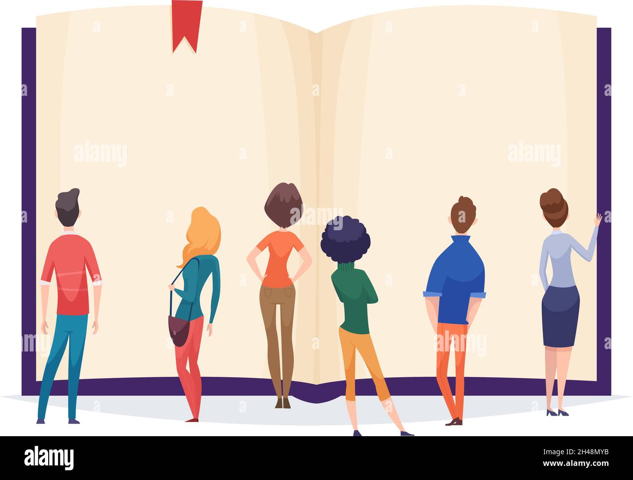 People are reading a giant book. Crowd stand in front blank books ...