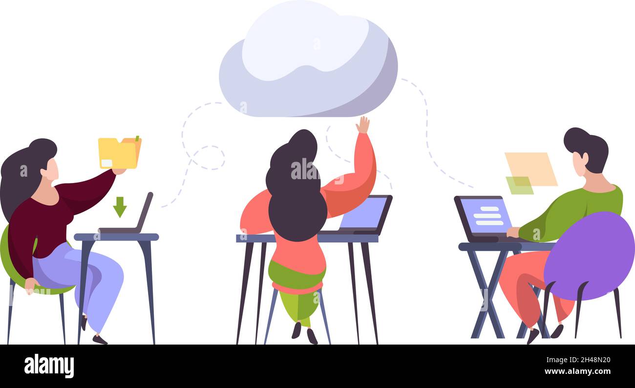 Remote teamwork concept. Cloud storage technologies, work together in ...