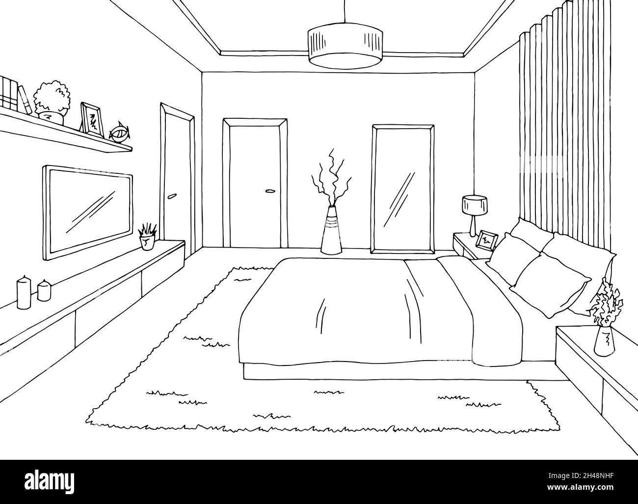 Bedroom graphic black white home interior sketch illustration vector ...