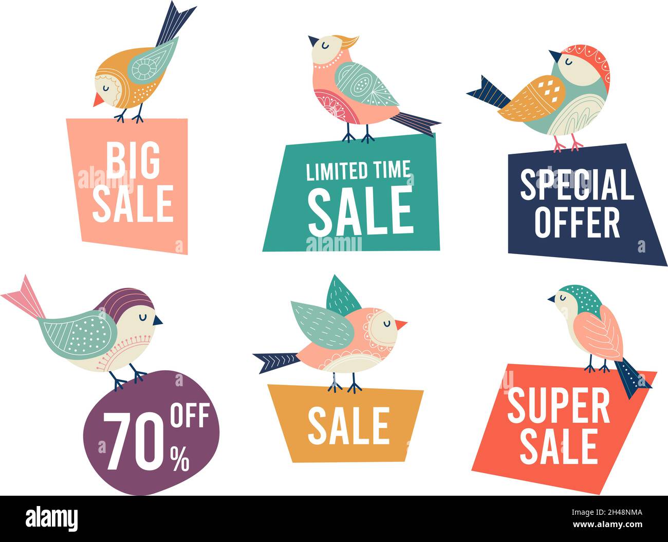 Sale banners and doodle birds. Bird holding discount cards, ethnic boho ...