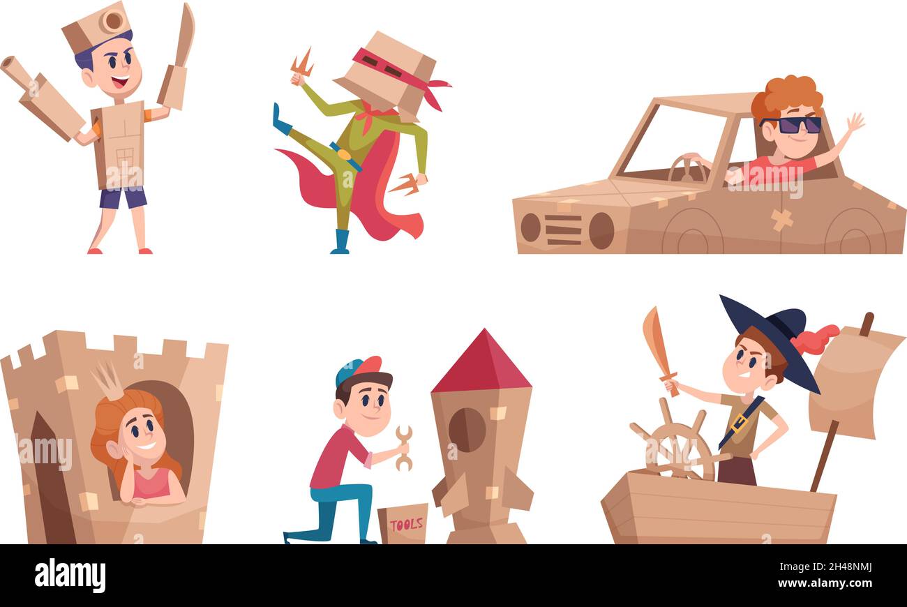 Kids playing in cardboards. Party costume children handmade little ...