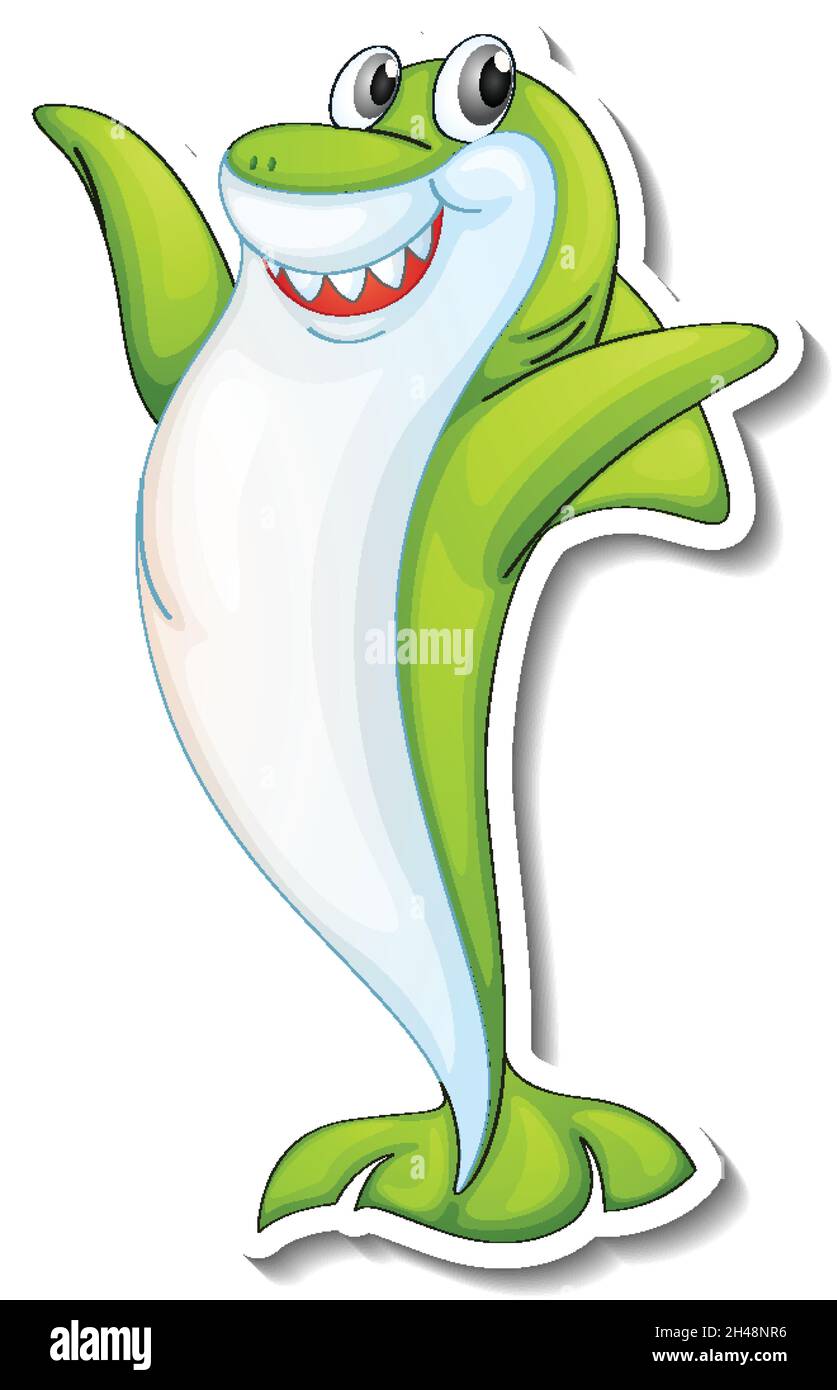 Funny green shark cartoon character sticker illustration Stock Vector ...