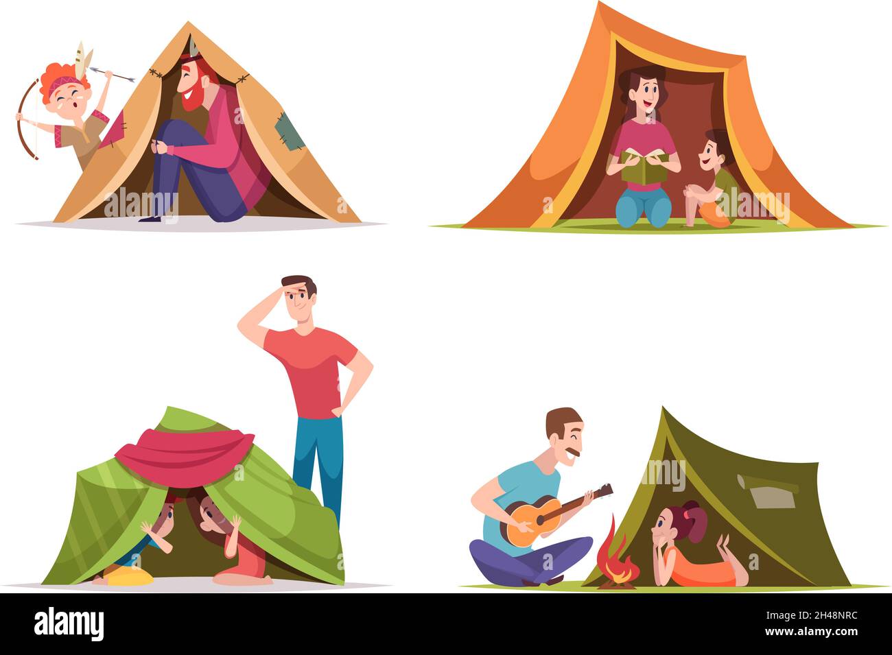 Kids tent. Children with parents playing family happy time mother and ...