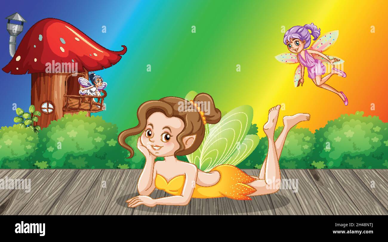 Fairies cartoon character on rainbow gradient background illustration ...