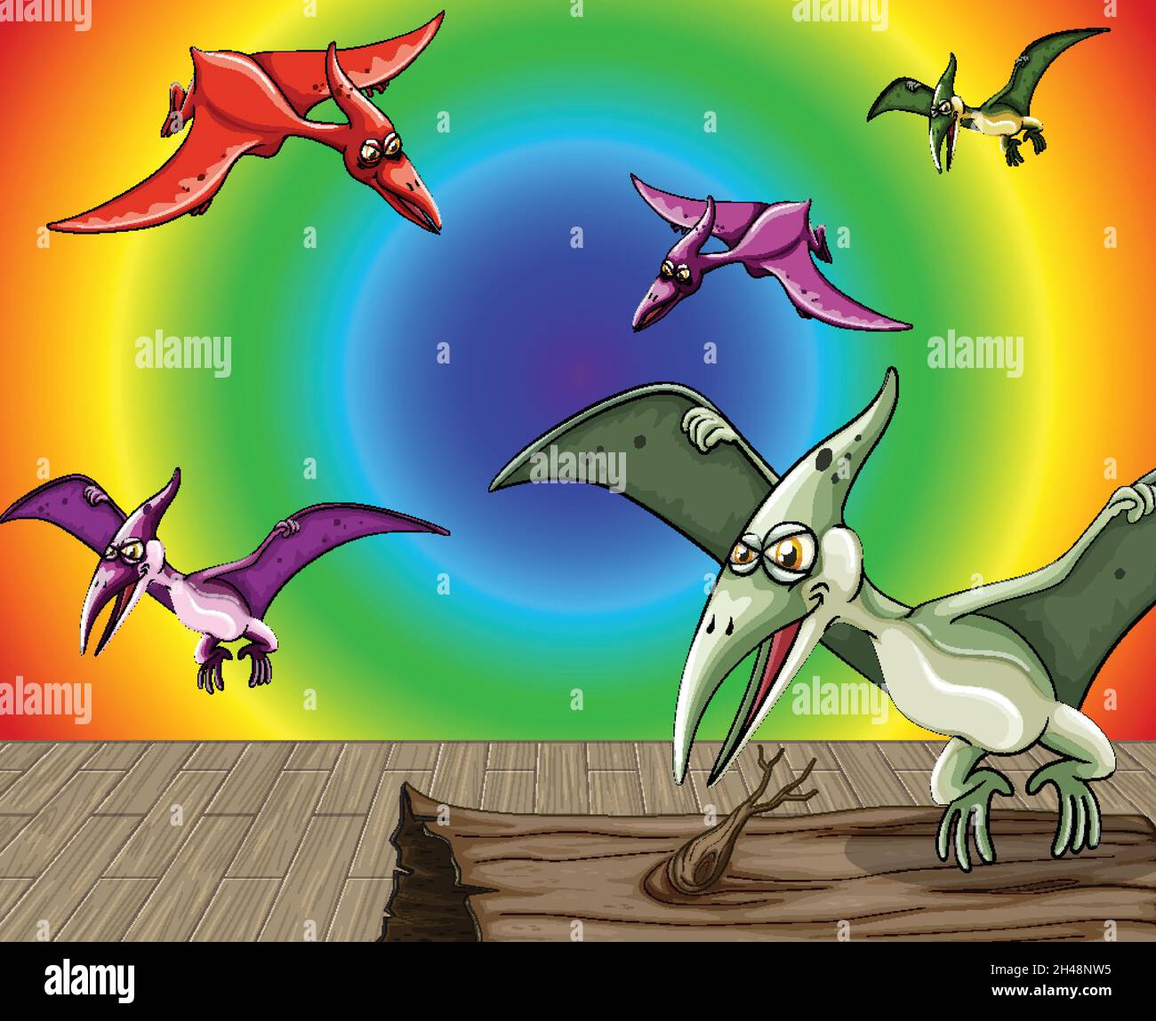 Cartoon dinosaur on rainbow gradient background illustration Stock ...