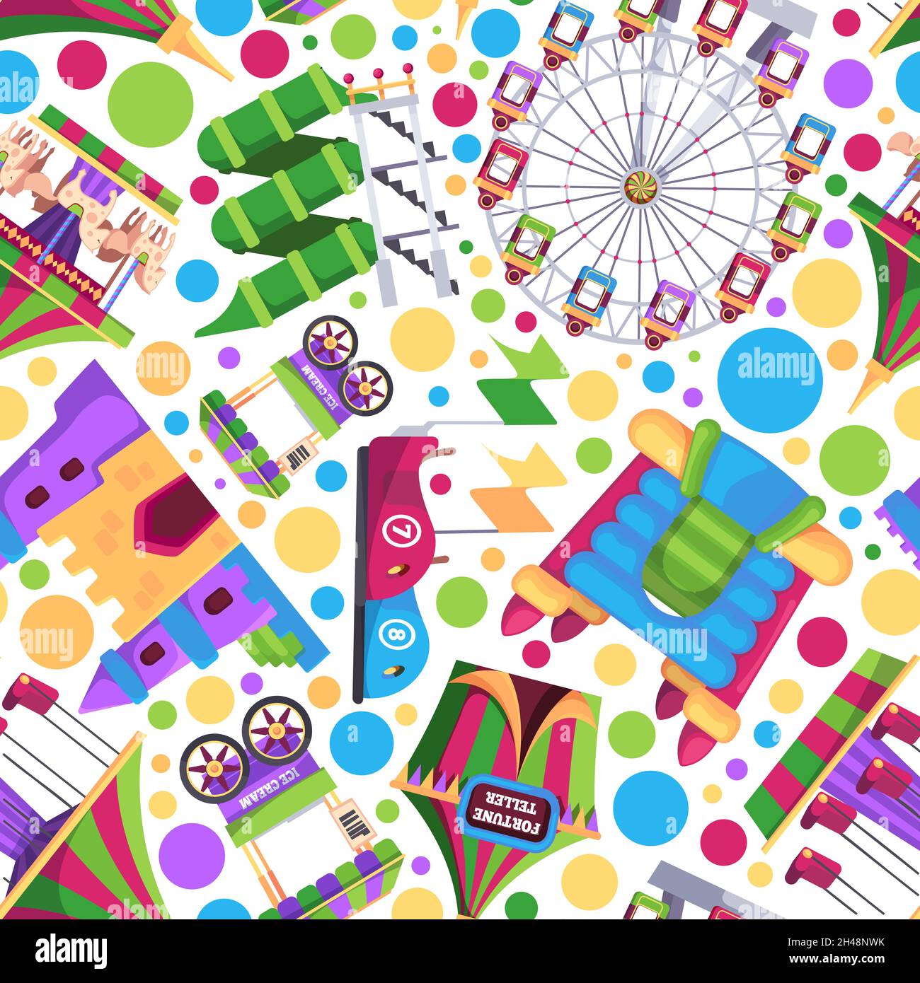 Amusement pattern. Carousel festive attractions for kids wheels roller ...