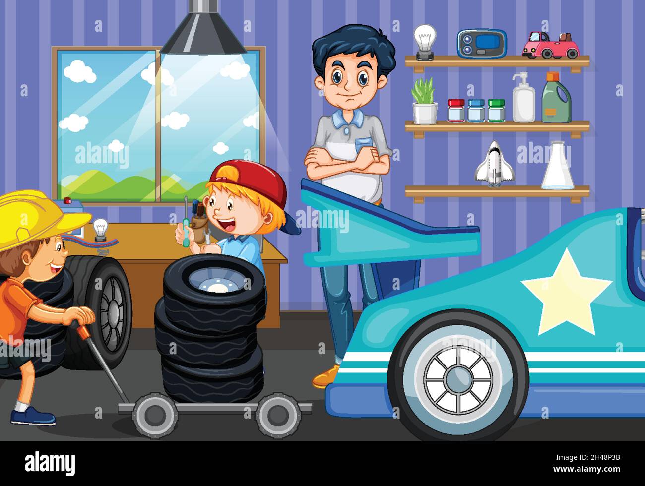 Scene with a boy repairing car with his dad illustration Stock Vector ...