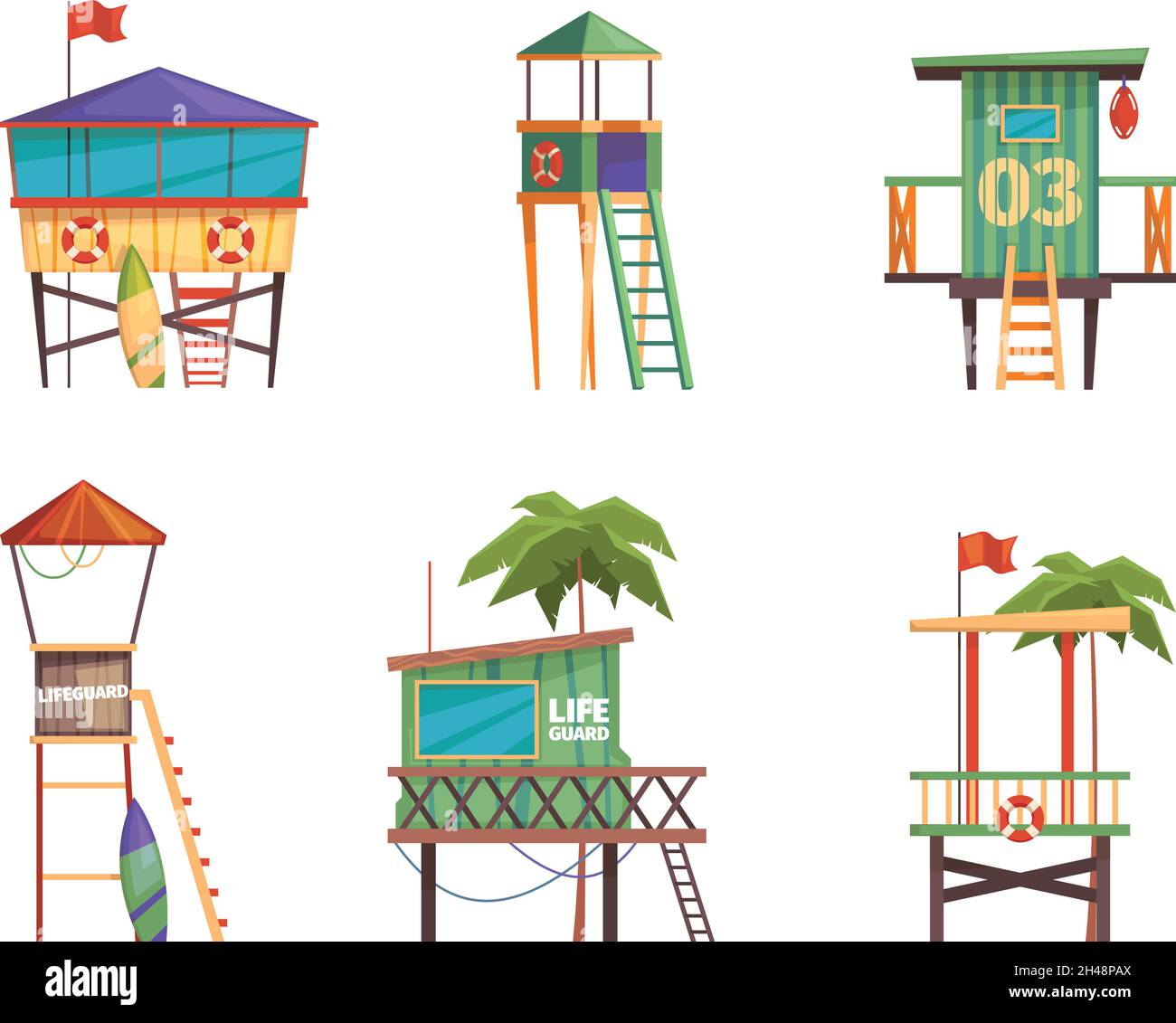 Lifeguard building. Bungalow guard towers on the beach in seaside life ...