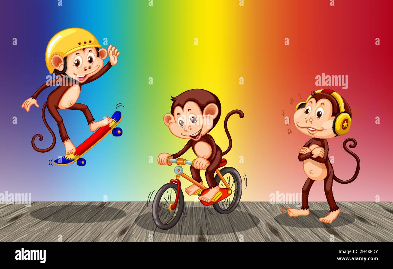 Monkeys doing different activities on rainbow gradient background ...