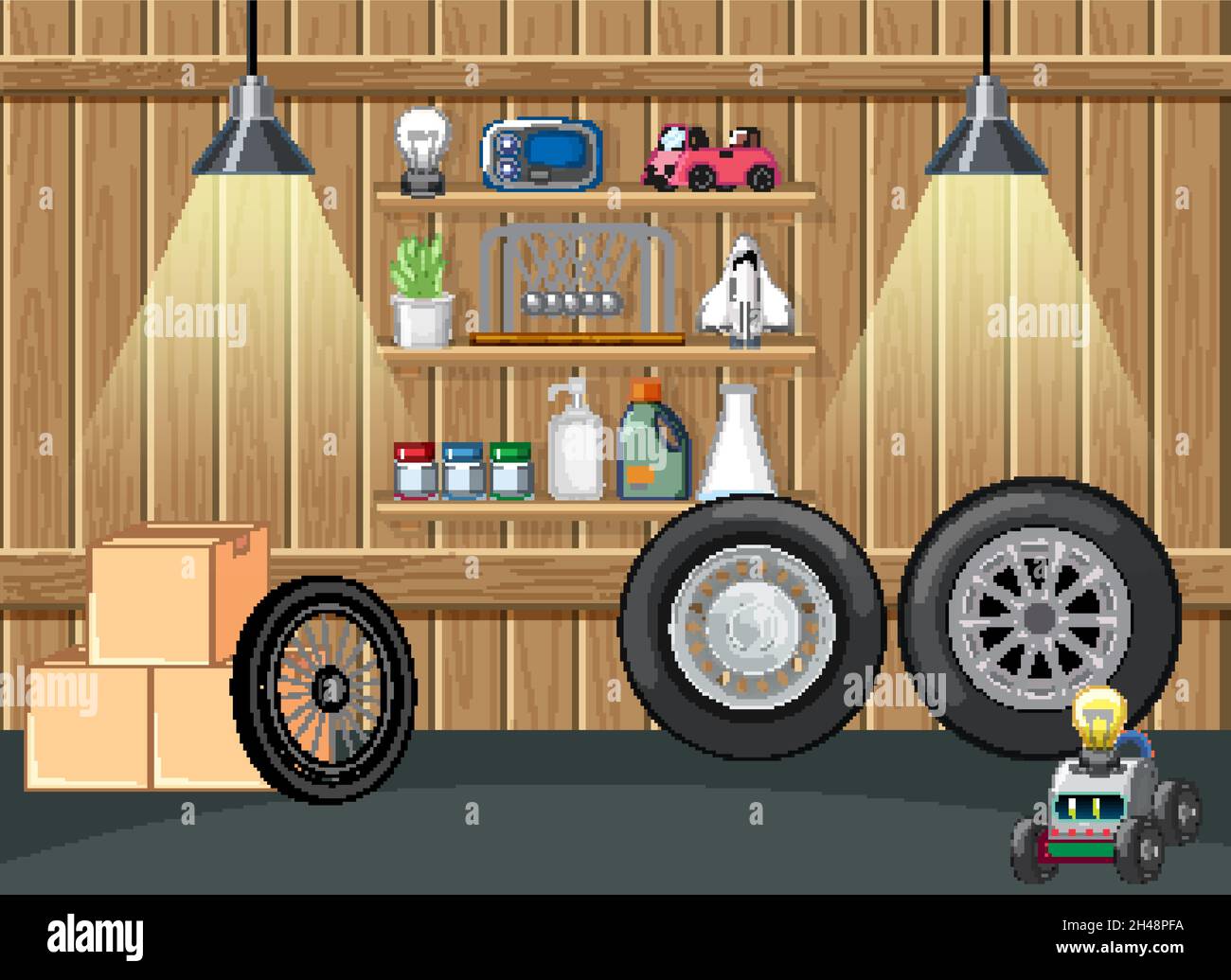 Garage interior with storage and equipments illustration Stock Vector ...