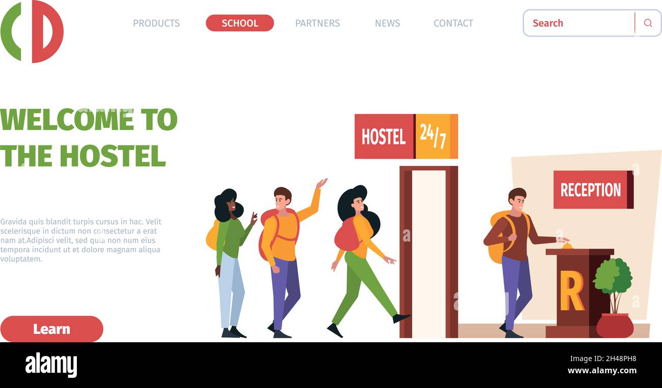 Hostel landing. Furniture bed chairs shelves and sofa interior modern ...