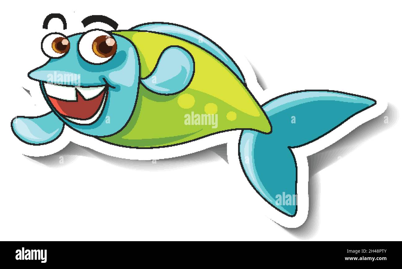 Sea Animal Cartoon Sticker with Cute Fish illustration Stock Vector ...