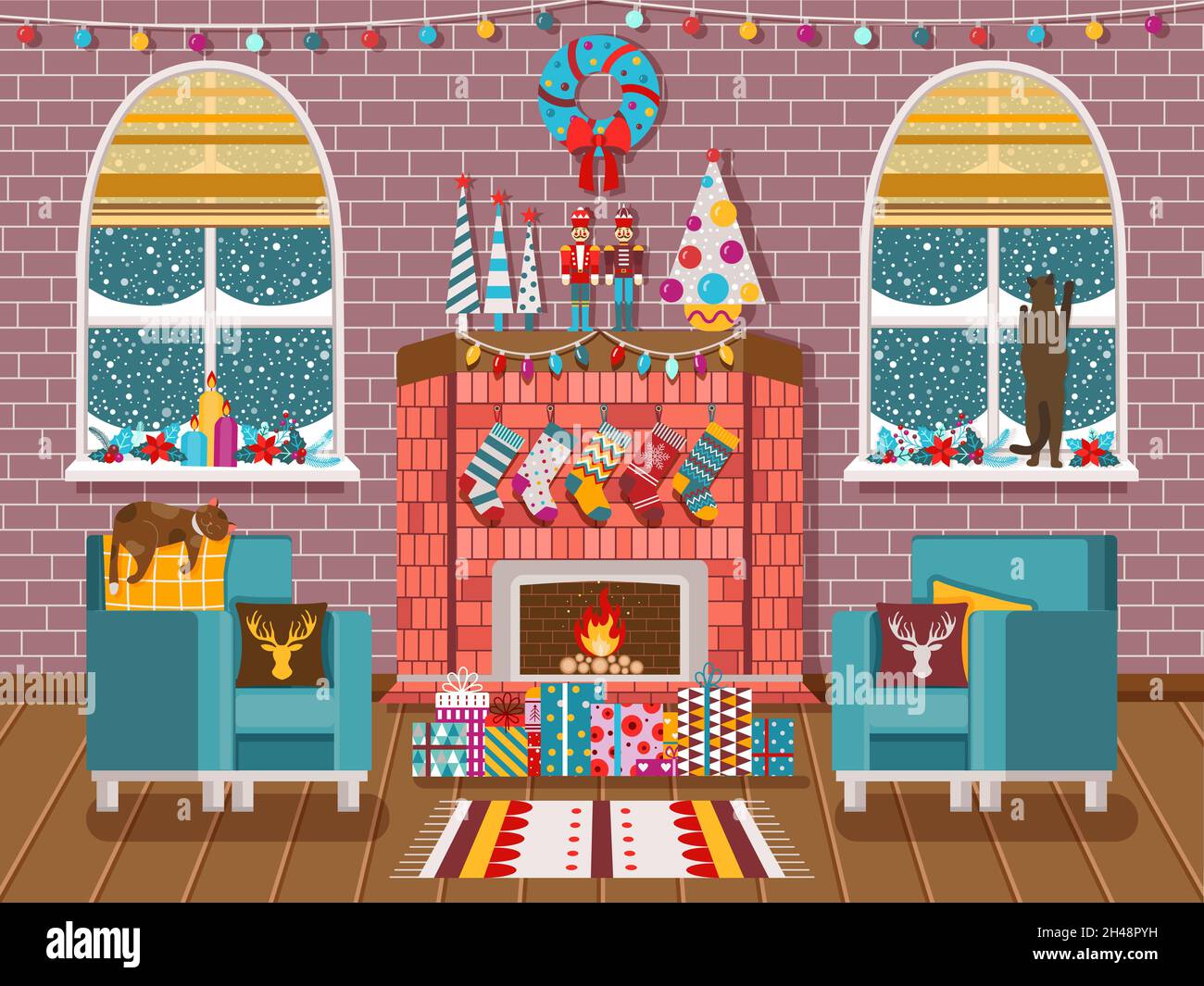 Cozy interior fireplace christmas Stock Vector Images - Alamy