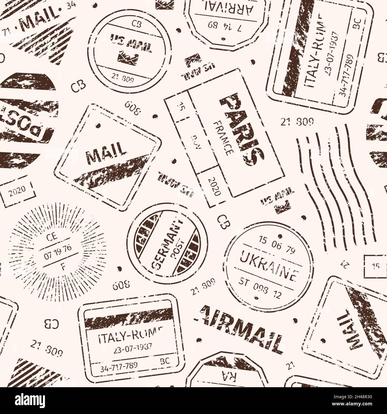 Stamp pattern. Postal templates travelling symbols round and square ...
