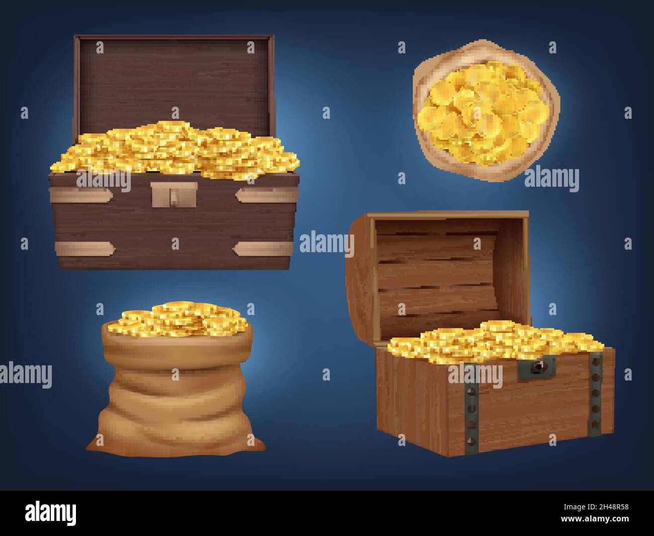 Gold chest. Realistic sack and wooden pirate chest with treasures old ...