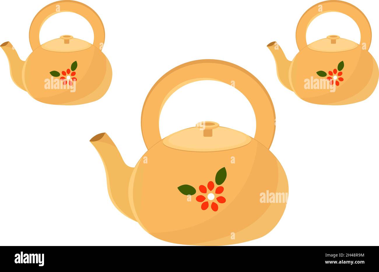 Yellow kettle with flower, illustration, vector on a white background ...