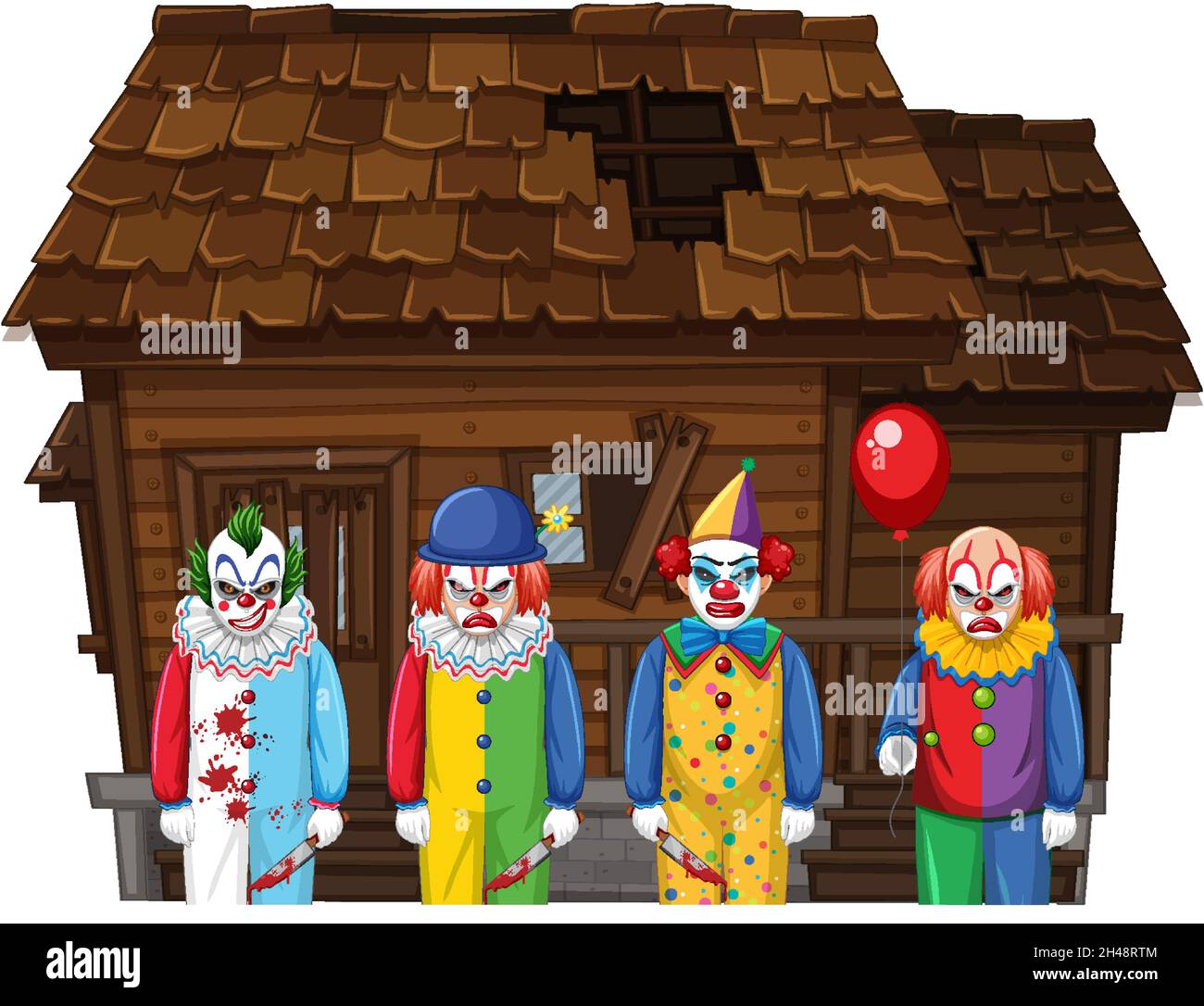 Creepy clowns standing in front of an abandoned house illustration ...