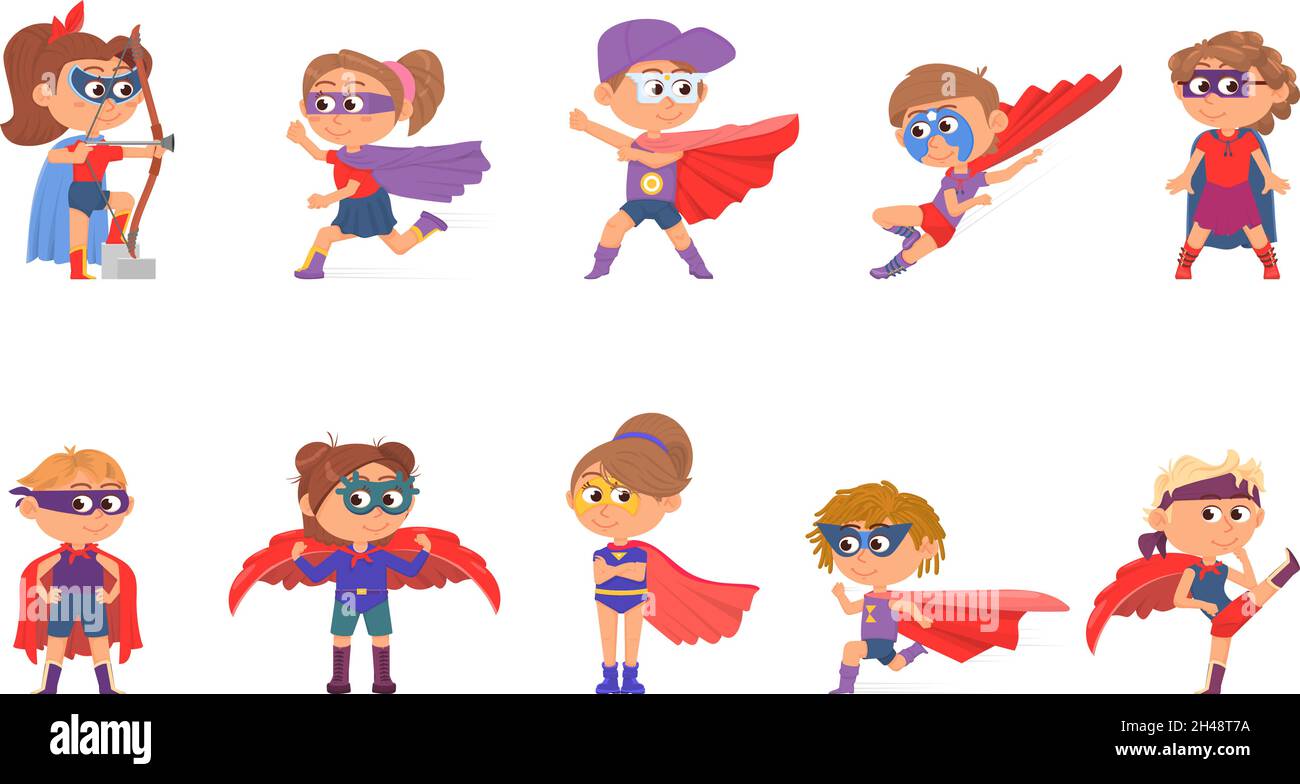 Superhero kids. Superheroes in cape, children group jumping and flying ...